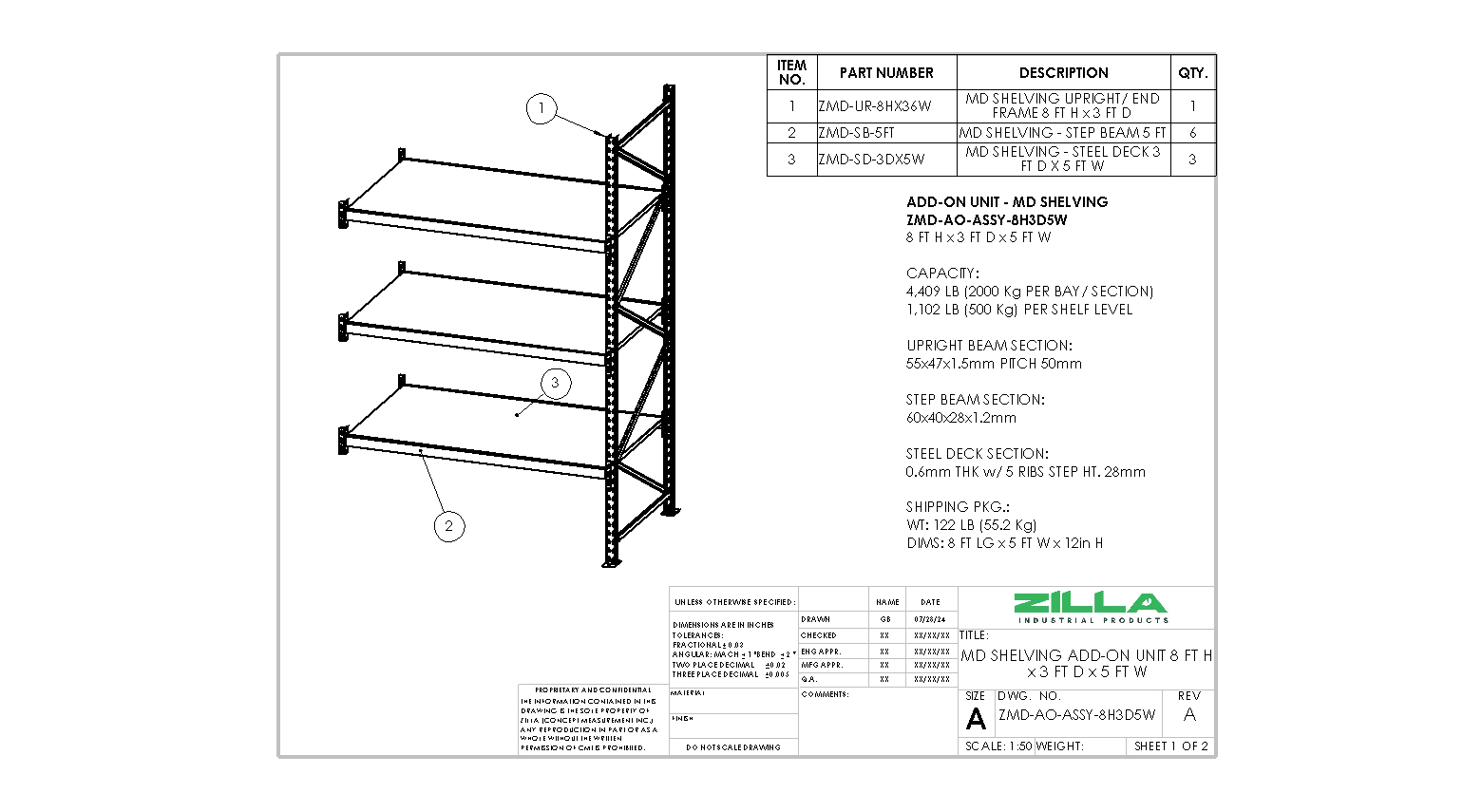 8FT H X 3FT W ASSEMBLY WITH 5FT BEAMS 3 SHELVES - Zilla Industrial ...